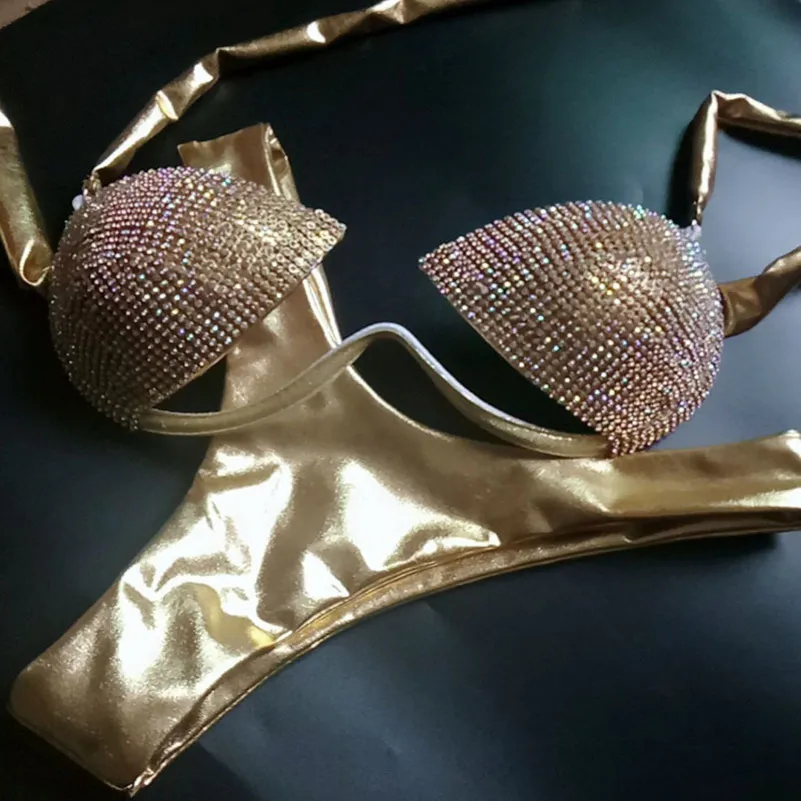 Vacation Diamond Bikini Set Sexy Swimwear Push Up Bling Stones Bathing
