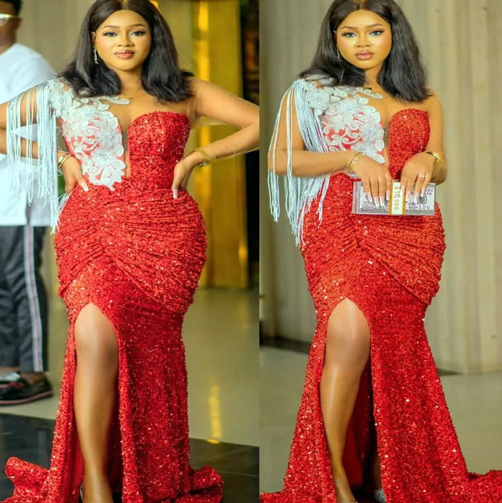 Red Lace Beaded Mermaid Red Sequin Prom Dress For Plus Size Women Perfect For Arabic Aso Ebi ...