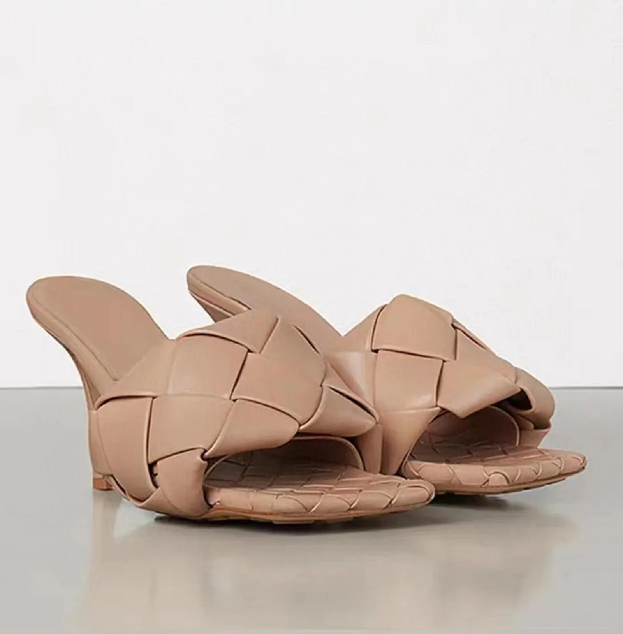 Designer Sheepskin Leather Weave Tartan Slippers Luxury High Heeled ...