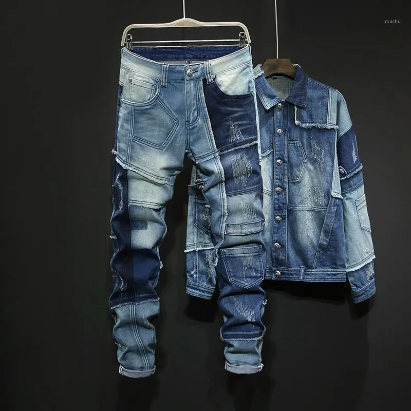 Autumn Spliced Denim Tracksuit Set For Men Loose Fit Motorcycle Jackets ...
