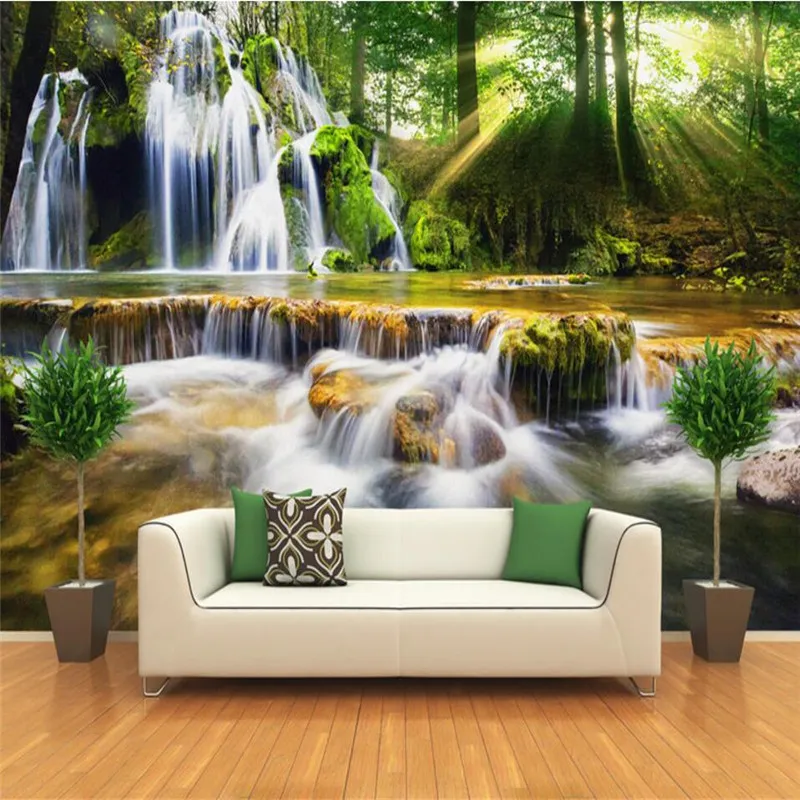 Custom Large Scale Fresco Green Waterfall Wallpaper With Waterfalls For ...