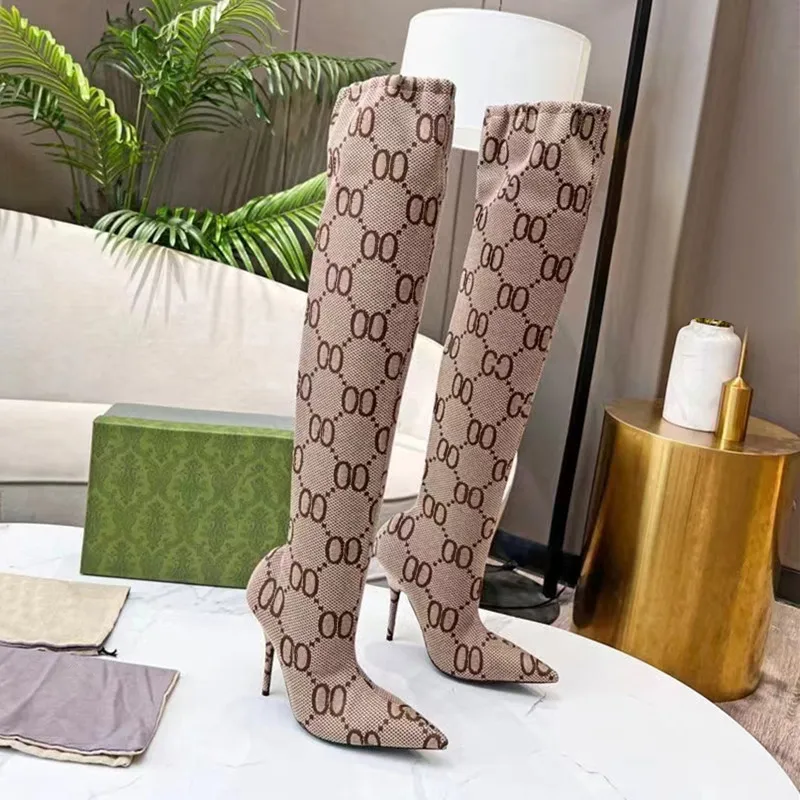 Luxury Designer Over Knee Knit Socks Boots Stretch Thigh High Pointed ...