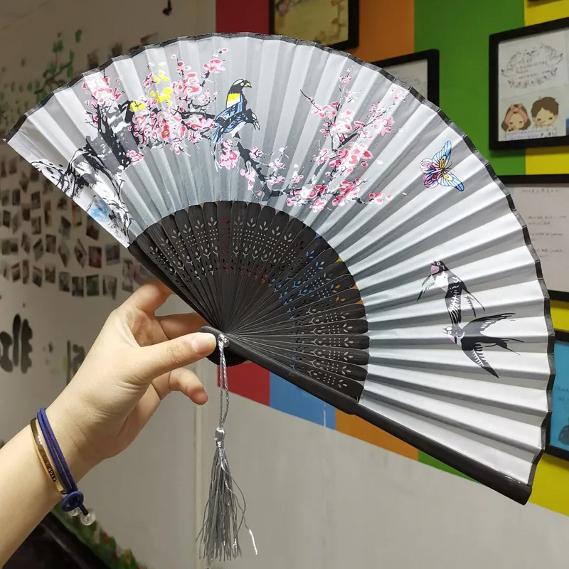Chinese Bamboo Folding Fan With Plant Print And Fringe Perfect For ...