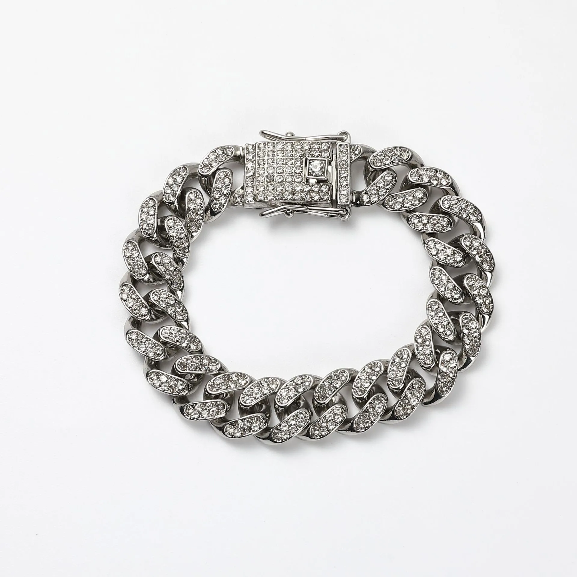 Silver Cuban Link Chain Hiphop Bracelet Necklace Iced Out Diamond Cuban ...