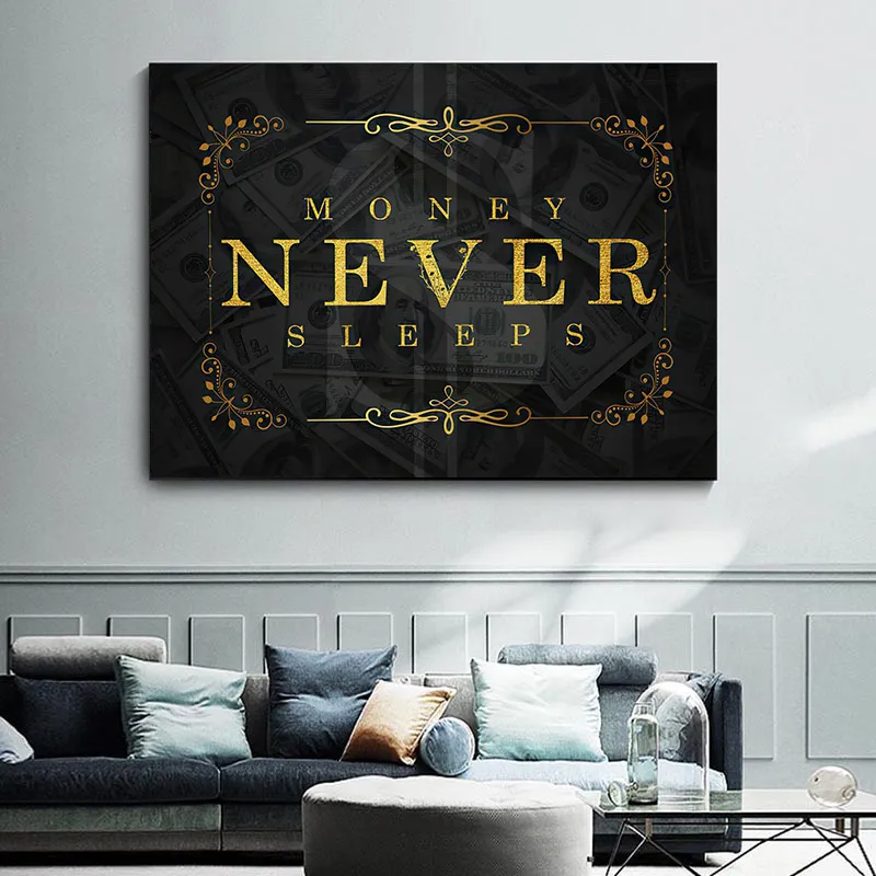 Black And Gold Motivational Canvas Paintings Money Never Sleeps Wall ...