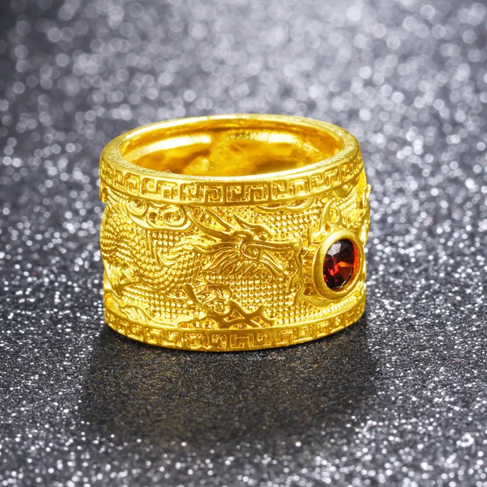 Elegant Thick Ring - 18k Yellow Gold Filled Band, Red Cubic Zirconia ...
