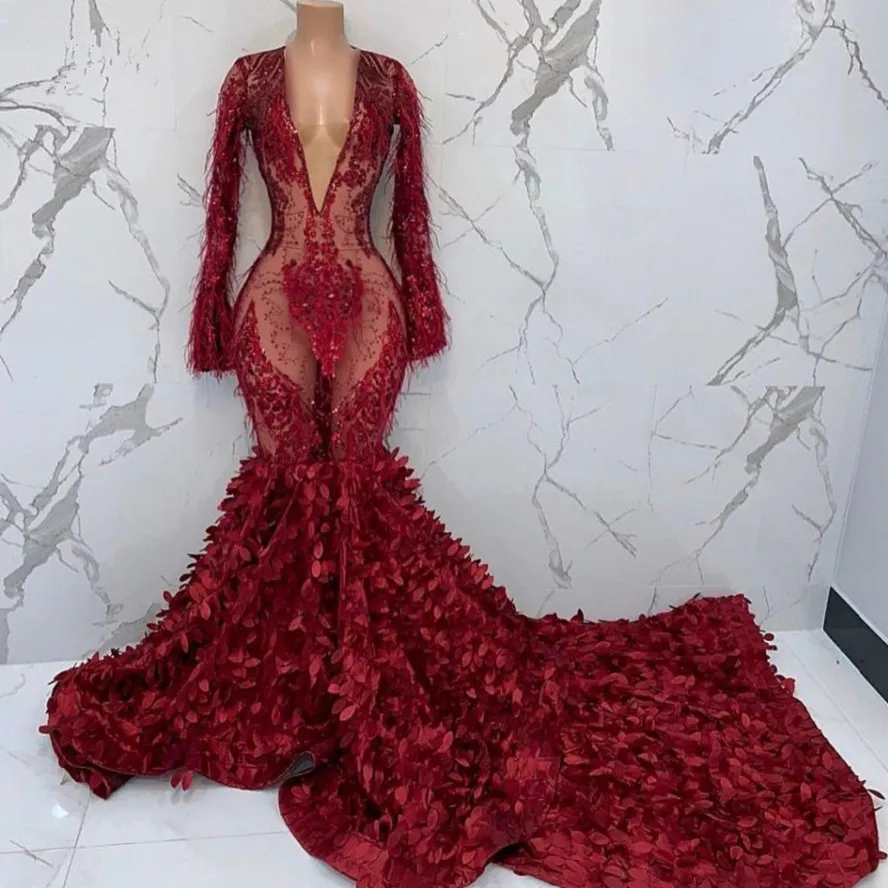 Burgundy Sheer Mermaid Red Fishtail Prom Dress With Plunging V Neck, 3D ...