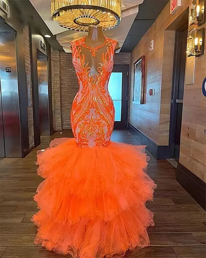 African Orange Sequined Mermaid Prom Dresses Tiered Skirt Evening Gowns ...