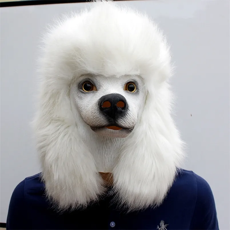 Funny Christmas White Poodle Dog Head Latex Mask Adult Cosplay Costume ...