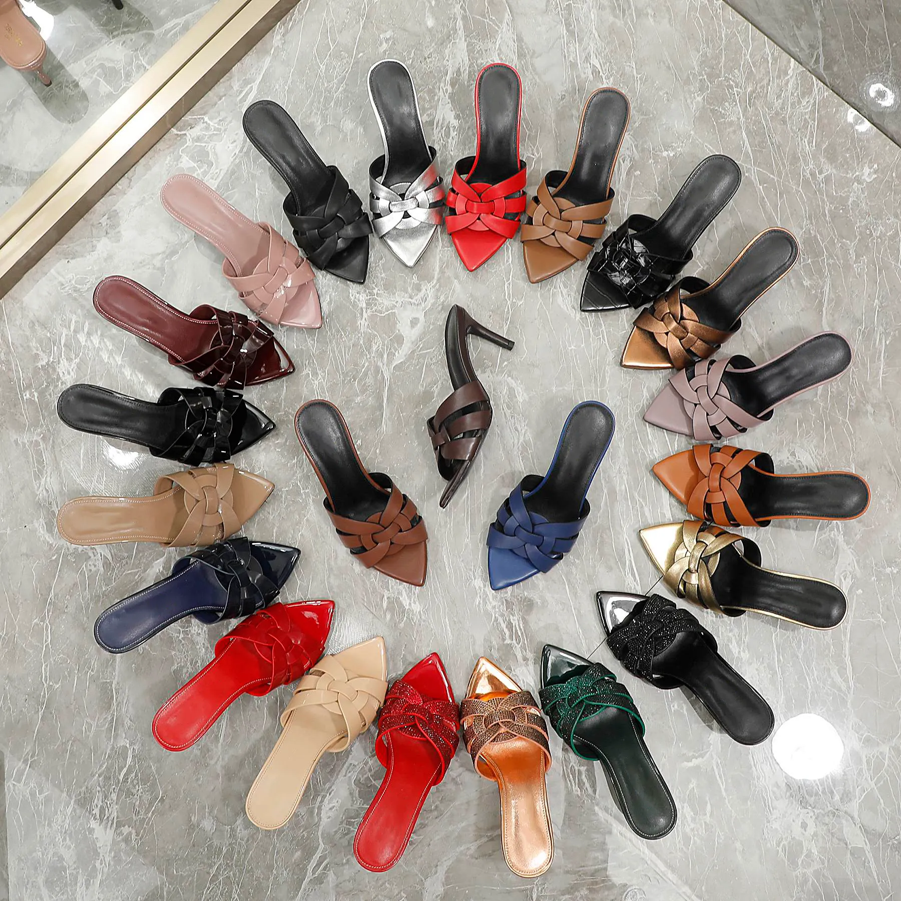 High Heel Sandals Mules Smooth Leather Stiletto Pointed Toe Slippers