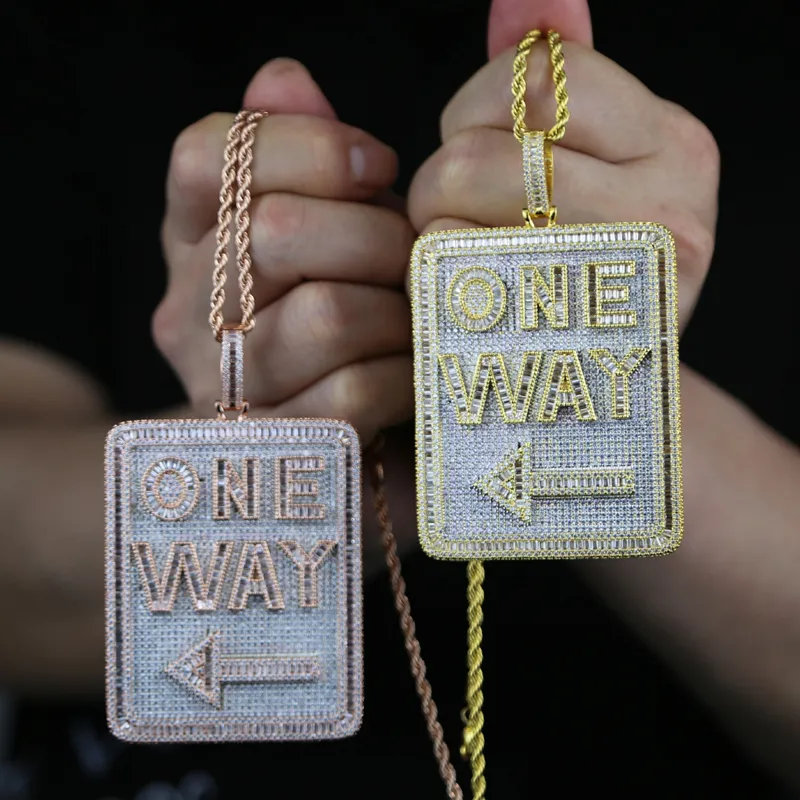 Iced Out Bling Direction Signs Pendant Necklace Cubic Zirconia Letter ...