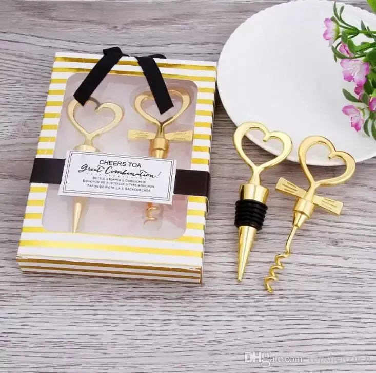 Gold Wine Opener Stopper Love Set Gift Box, Elegant Heart Shaped Bottle ...