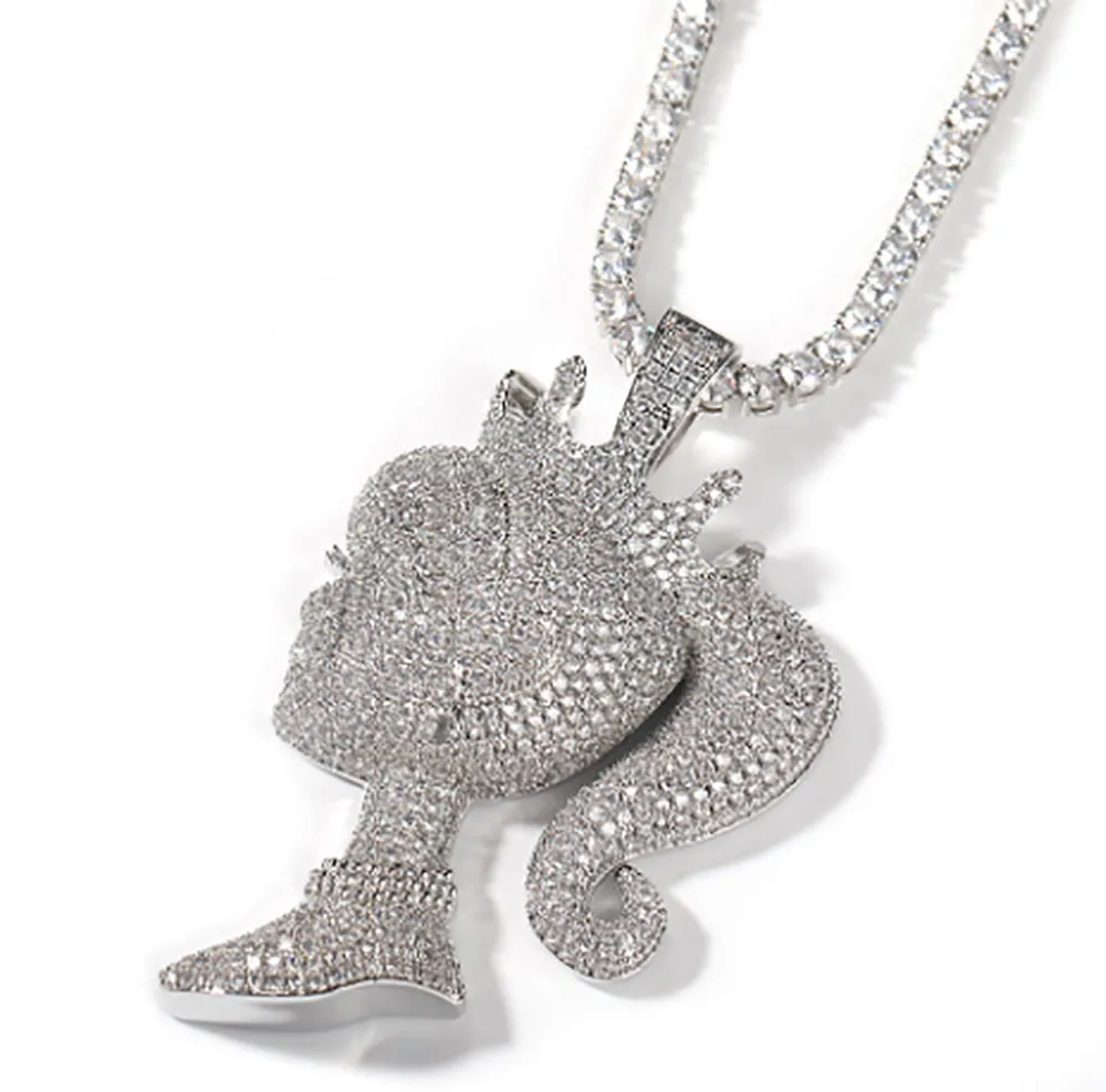 14K Gold Iced Out Queen Barbie Pendant Necklace Bling Micro Pave Cubic ...