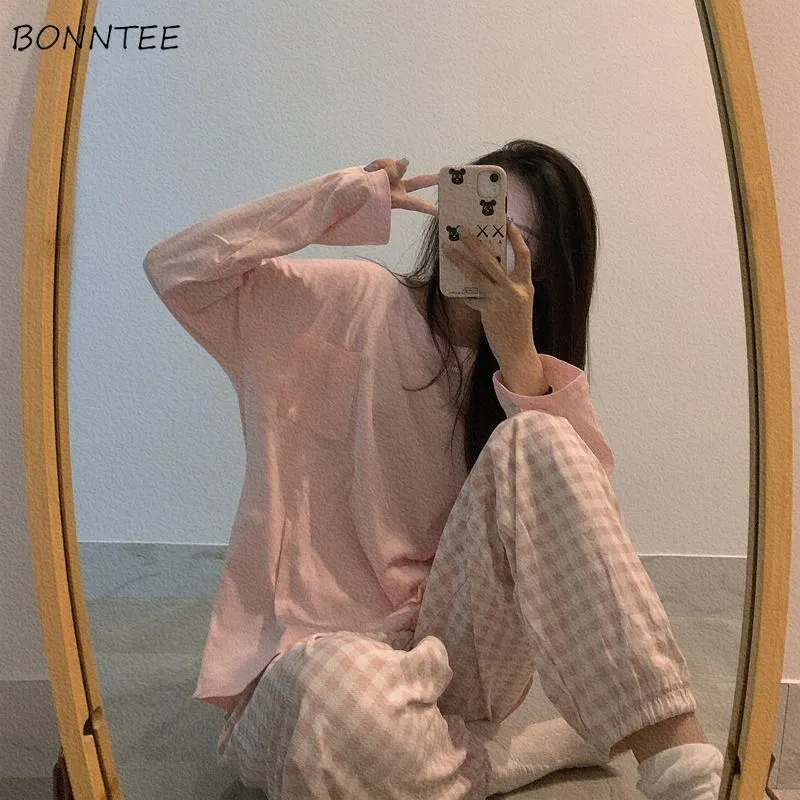 Women's Pajama Set: Spring Autumn Thin Long Sleeve Solid Simple ...