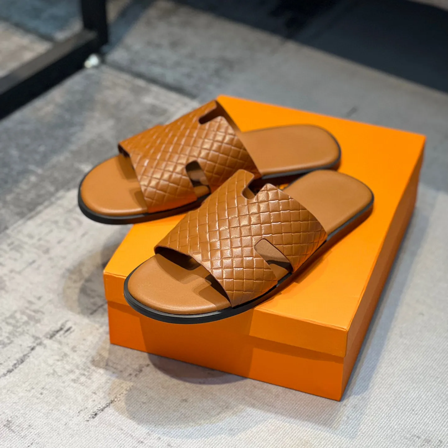 Heritage Calfskin Brown Leather Slide Sandals For Men Designer Flip ...