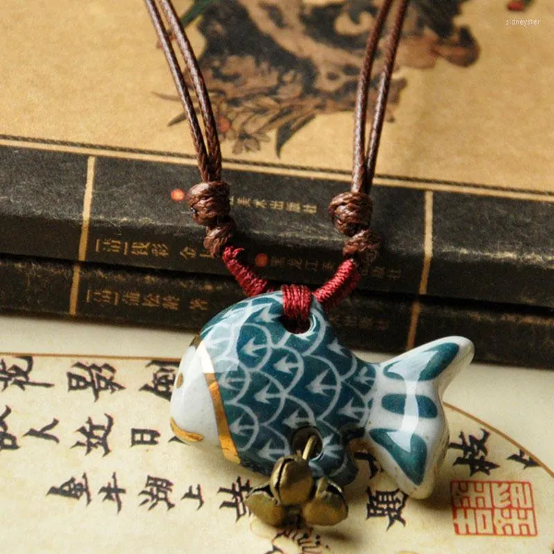 Chains Double Tassel Weave Rope Necklace Ceramic Blue Fish Charm ...