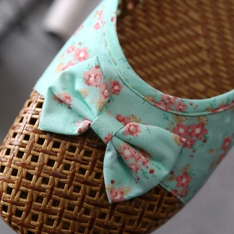 Natural Rattan Linen Cane Grass Weave Womens Flat Princess Slippers ...