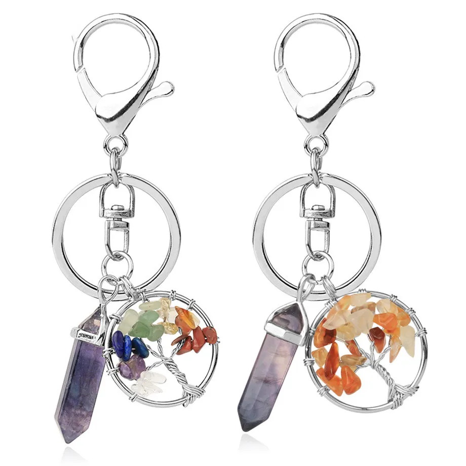 Tree Of Life Crystal Keychain With Natural Stone, Fluorite Hexagonal ...
