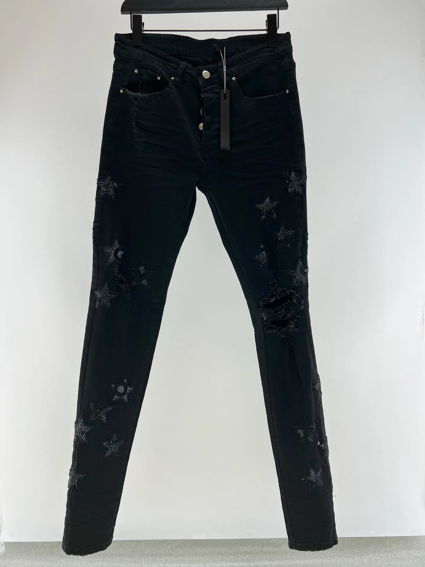 Mens Designer Star Ripped Slim Black Amiri Jeans With Cashew Flower ...