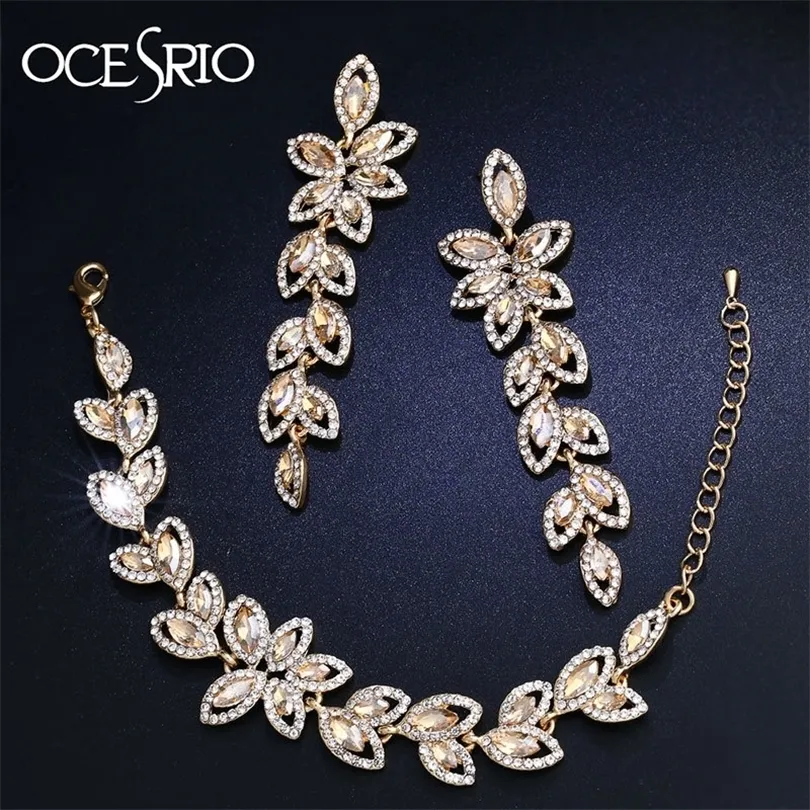Exquisite Gold Crystal Bridal Jewelry Sets: Earrings & Bracelet ...