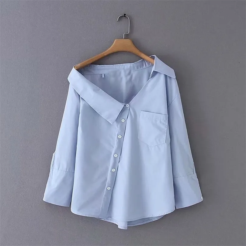 Womens Solid Blue Long Sleeve Button Blouse with Stand Collar and ...