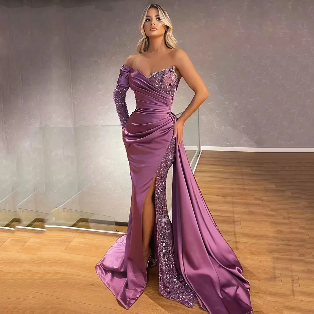 Custom Made Purple Mermaid Purple Satin Prom Dress With V Neck, Long Sleeves, Appliques, Sequins ...