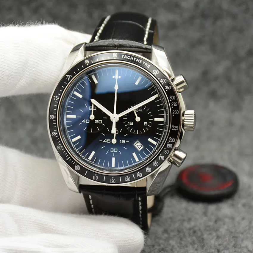 44MM Quartz Chronograph Date Mens Watches Red Hands Black Leather Strap ...