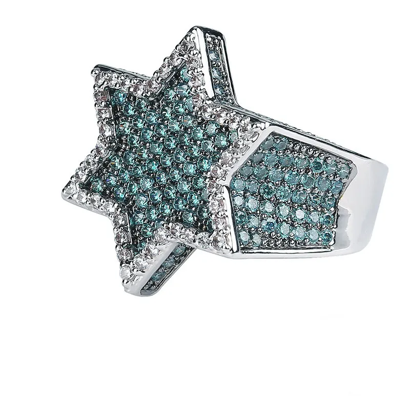 Hip Hop Mint Green Zirconia Cluster Rings Bling Hexagon 18K Real Gold ...