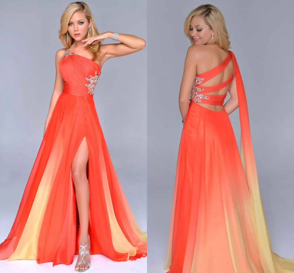 Chiffon Prom Dress Ombre Orange: One Shoulder Side Split Evening Gown ...