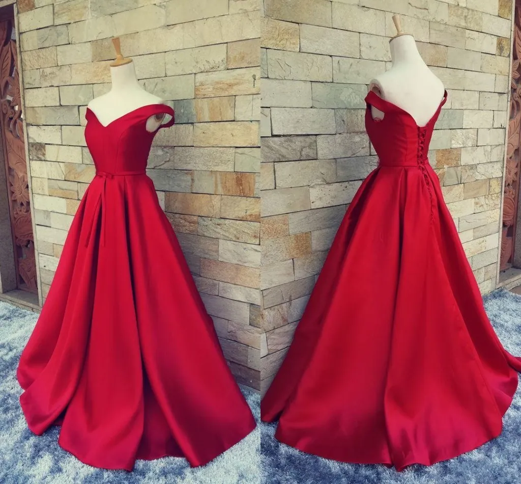 2017 Simple Dark Red Prom Dresses V Neck Off The Shoulder Ruched Satin