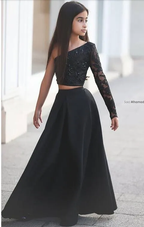Said Mhamad Black One Shoulder Long Sleeve Kids Prom Dresses A Line Two Piece Beaded Flower ...