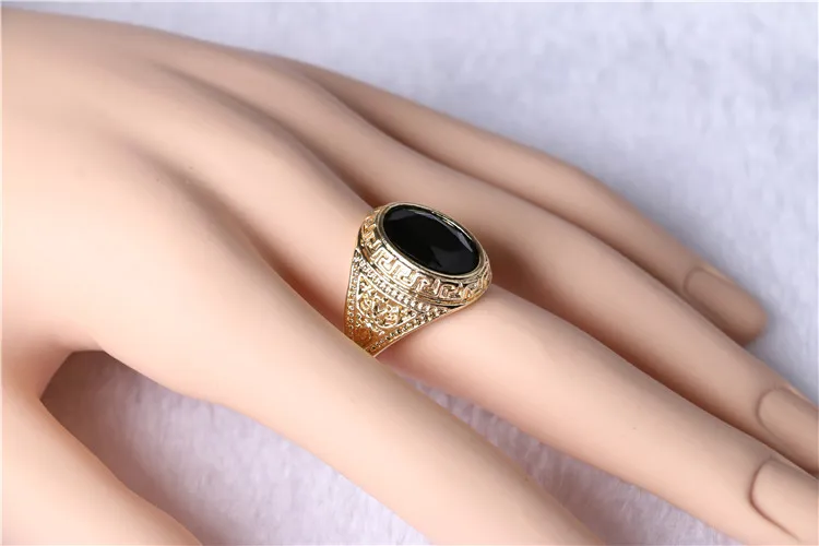 Black Precious The Stones Real Gold Plated Mens Ring With Retro Texture ...
