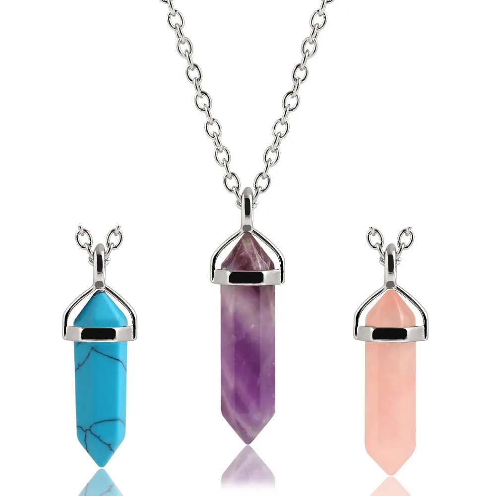 Collier Pendentifs Prisme Hexagonal Rose Quartz Point Collier Fil ...