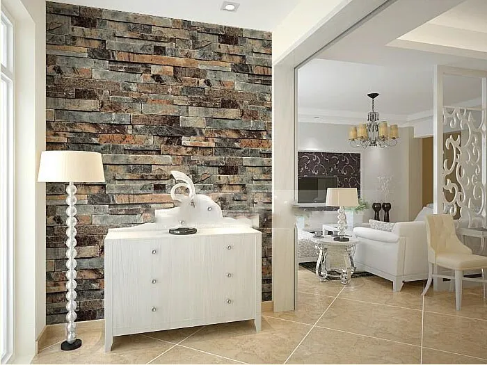 Modern 3D Stone Effect PVC Wallpaper Roll Textured Brick Wall Paper For ...