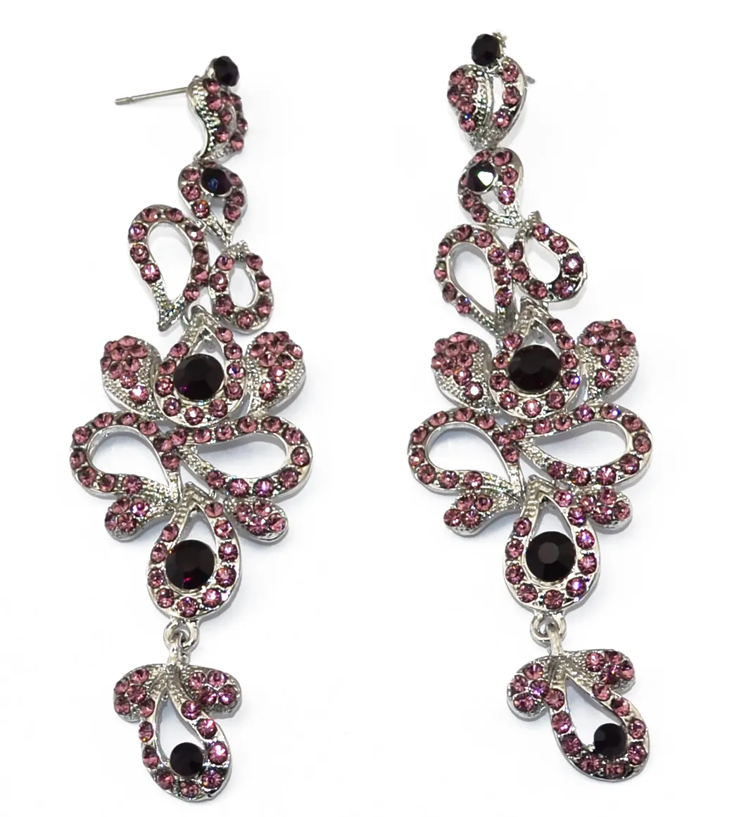 Silver Plated Rhinestone Crystal Flower Long Long Earrings For Wedding