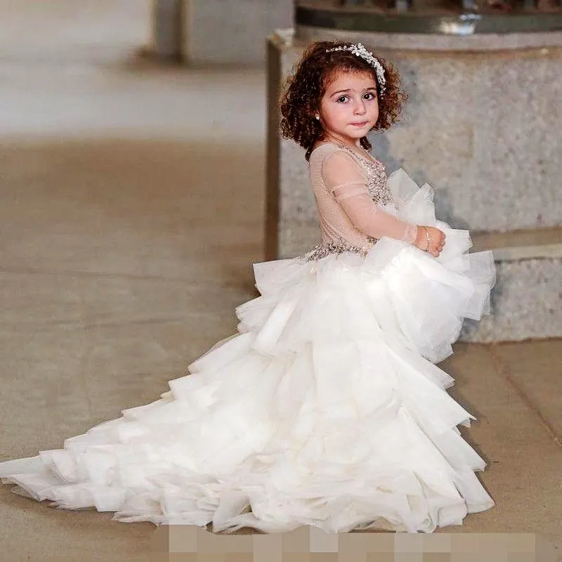 High-Low Illusion Long Sleeve Girls' Pageant Dress with Jewel Beading ...