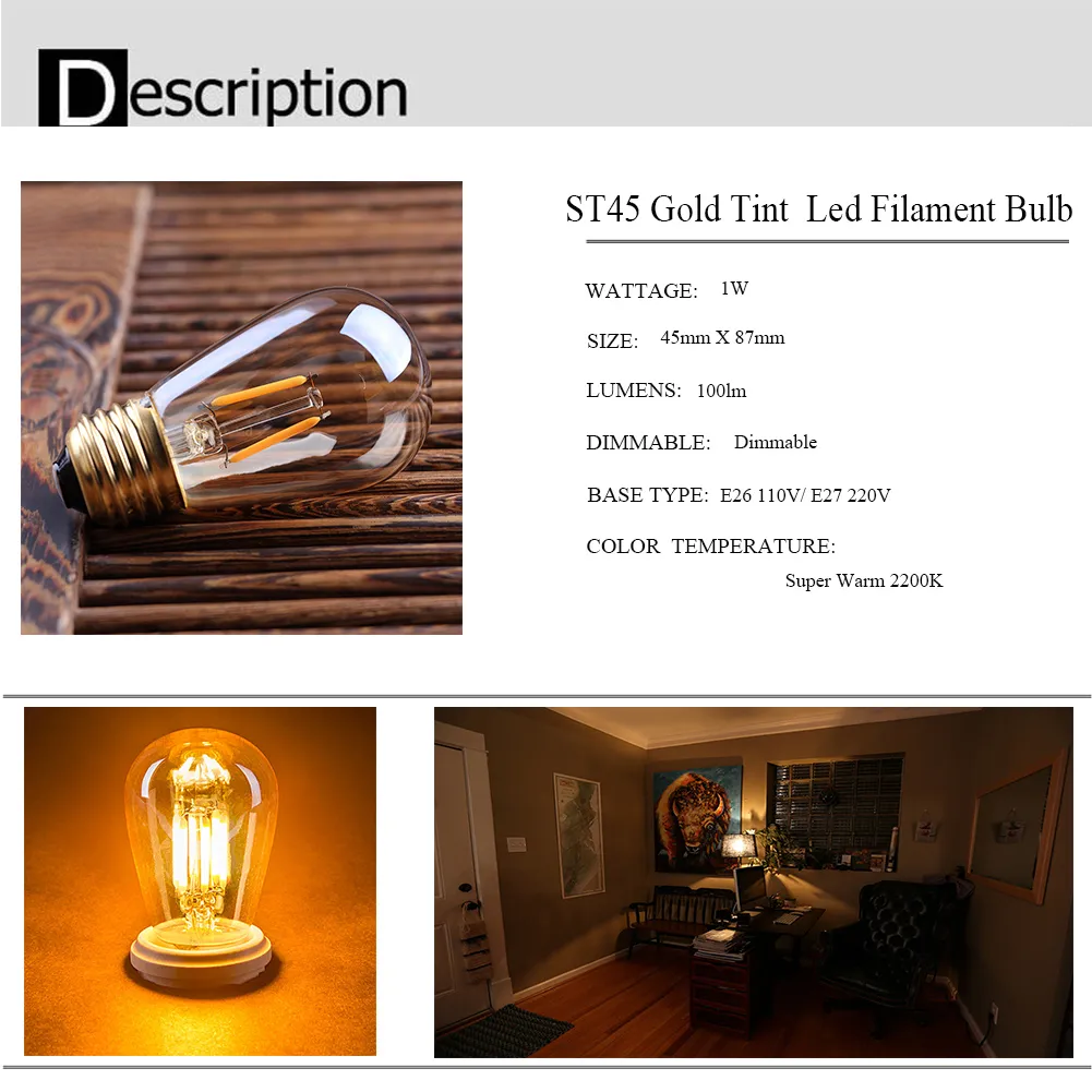 Amber Glass ST45 LED Filament Bulb Edison Pearl Lamp 1W 2200K E26 E27 ...