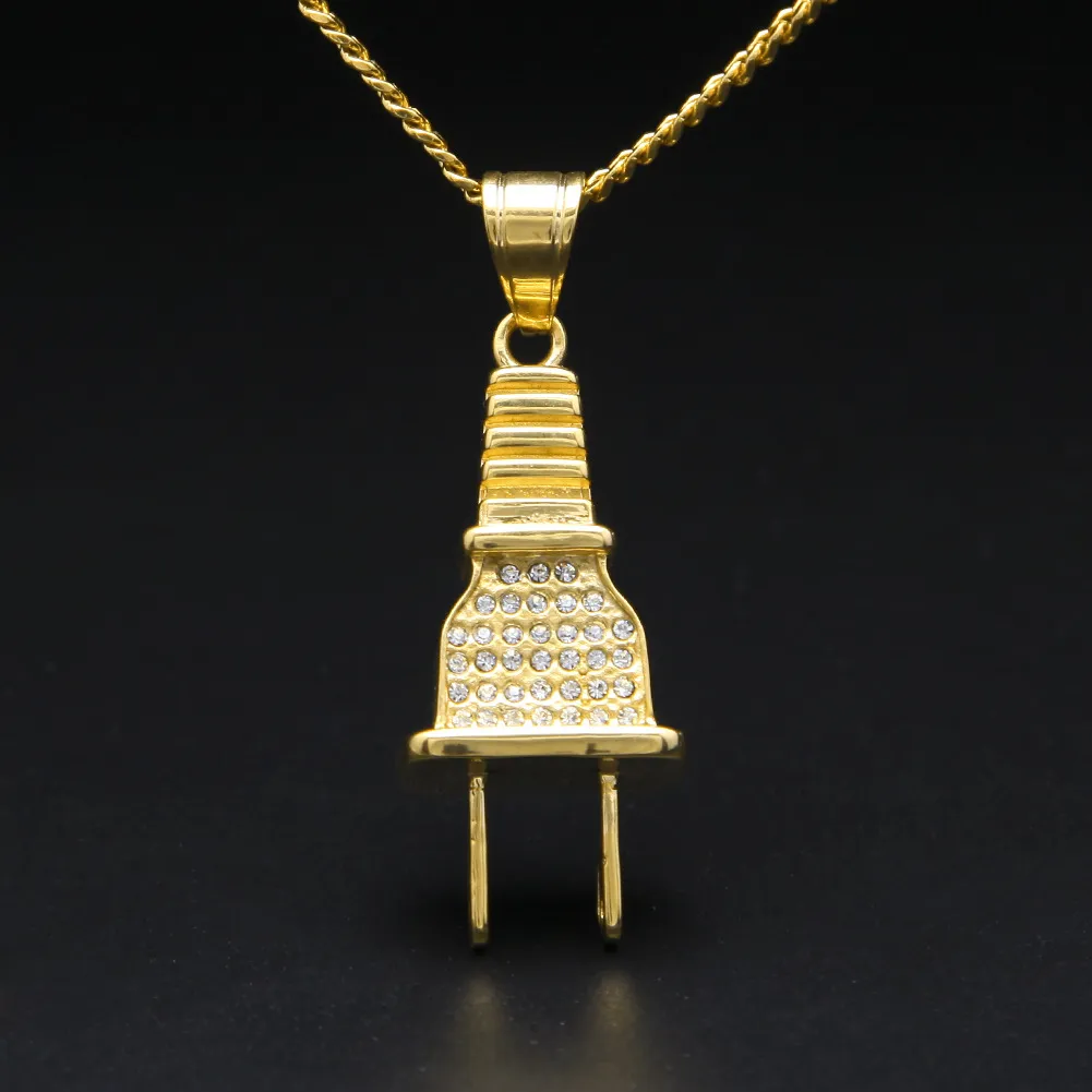 New Hip Hop Plug Pendant Necklace 18K Real Gold Plated, Iced Out Bling ...