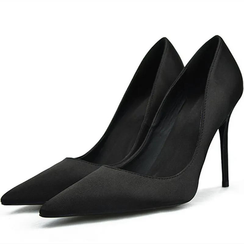 New Women High Heel Shoes Silk Pointed Toe Stiletto Heel Womens Black
