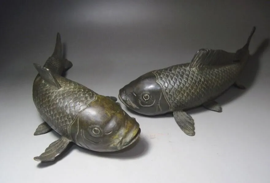 Pair of Ancient Japanese Bronze Carp Sculptures - Vintage Fish Art ...