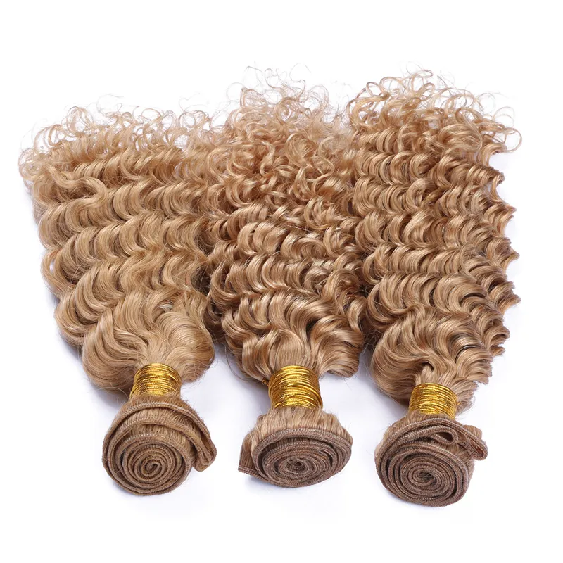 Brazilian 9A Human Hair Deep Wave Bundles Honey Blonde #27 Double Weft ...