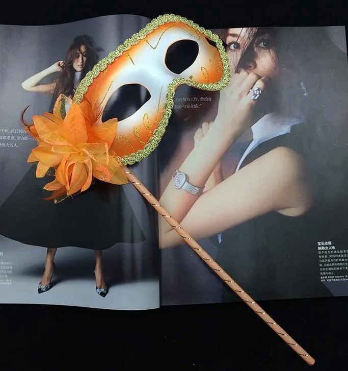Venice Masquerade Feather Flower Women Mask On Stick Mardi Gras Costume ...