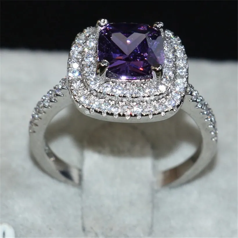 925 Sterling Silver Gemstone Rings Princess Cut Purple Crystal Wedding ...