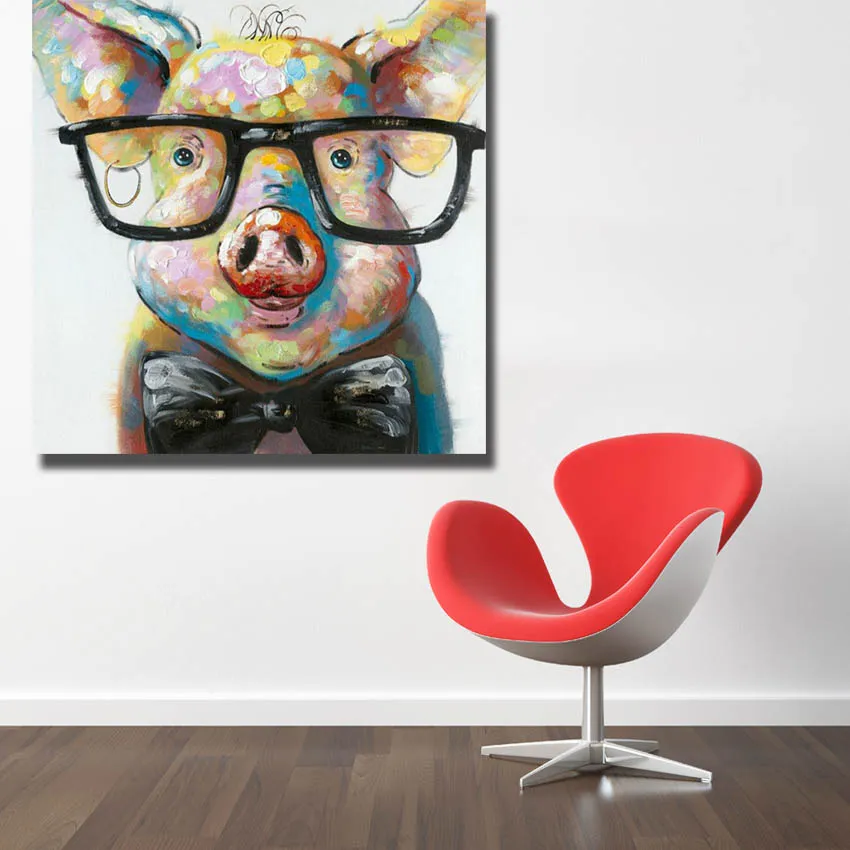 Modern Canvas Art Hand Made Pig With Glasses Oil Painting Wall Art Home ...