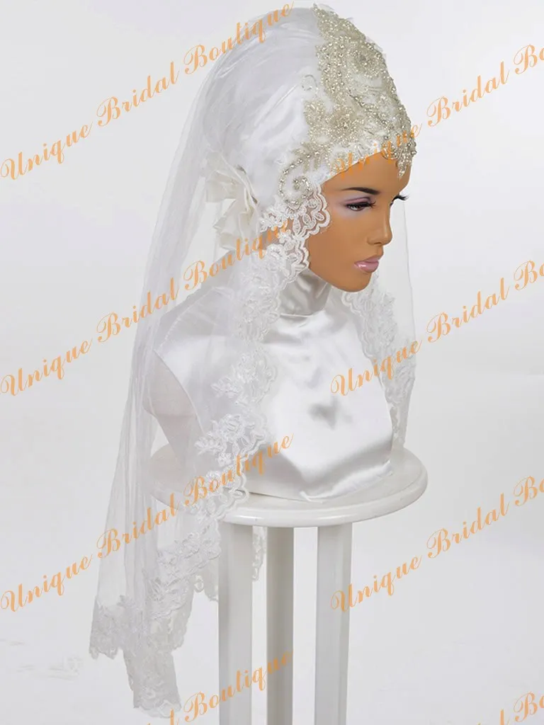 Beautiful Muslim Bridal Veils With Beading And Pearls Lace Appliqued ...