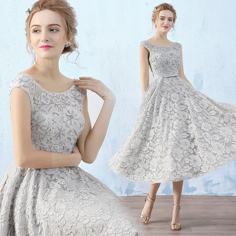 Tea Length Mother Of The Bride Dresses Light Gray Lace Scoop Neck ...