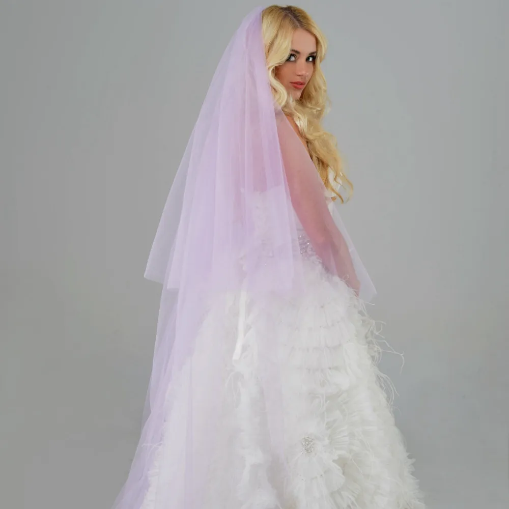 Long Purple Wedding Veil With Blusher Tulle Bridal Veils 2024 From ...