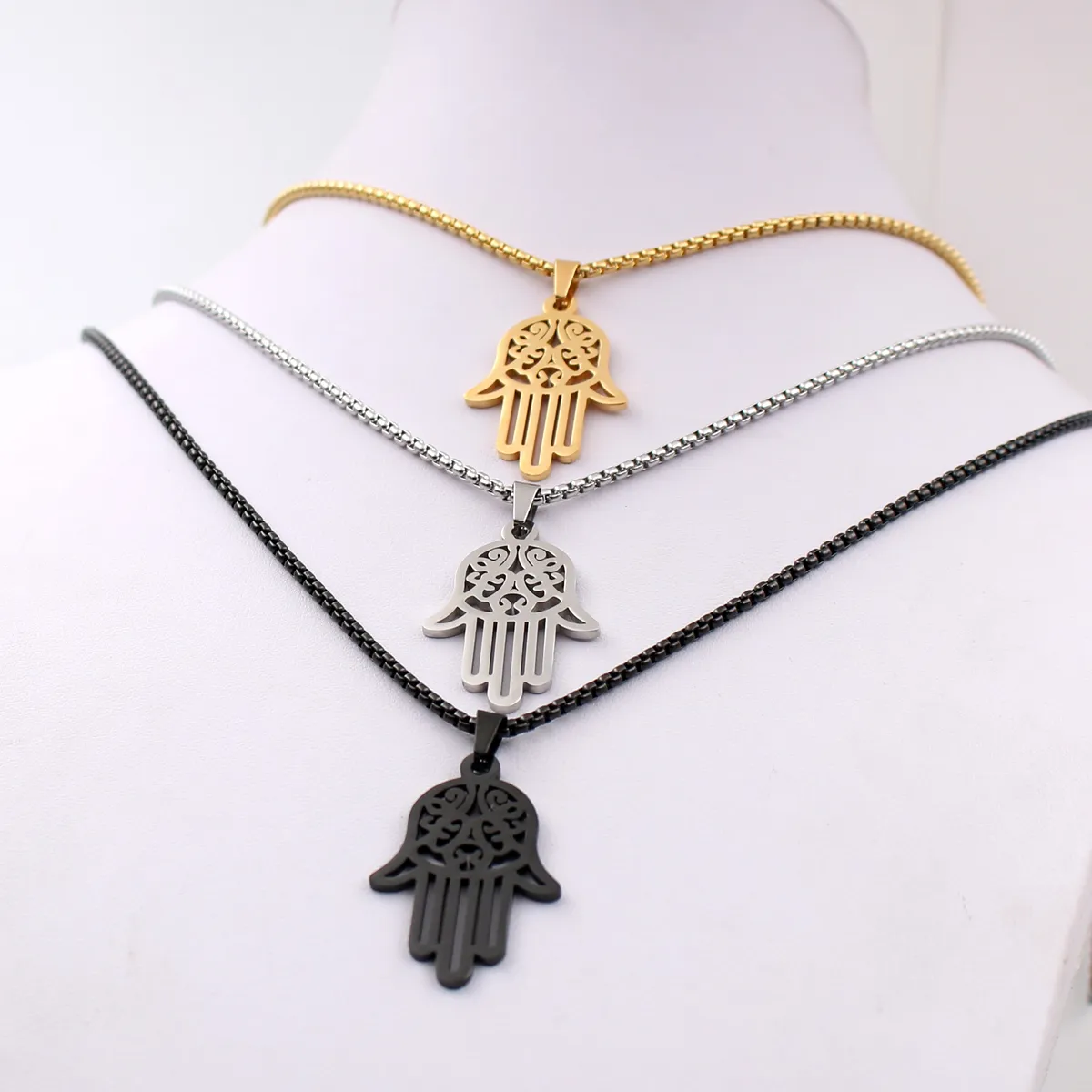 Hand Of Fatima Necklace: Stainless Steel Black Hamsa Pendant With 3mm ...