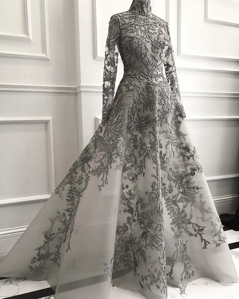 Luxury Long Sleeve Wedding Gowns Dubai Arabic Bling Beaded High Neck ...