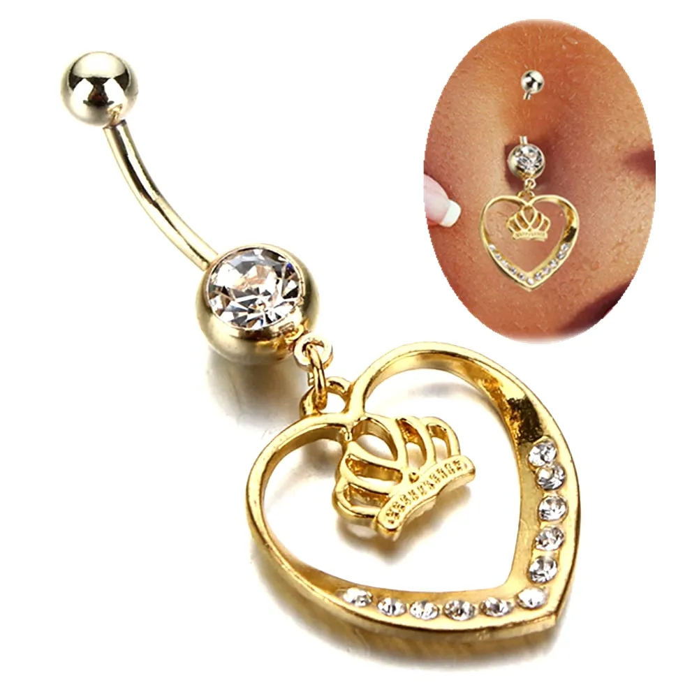 Crown Heart Rhinestone Belly Button Rings - Gold Navel Jewelry Set ...